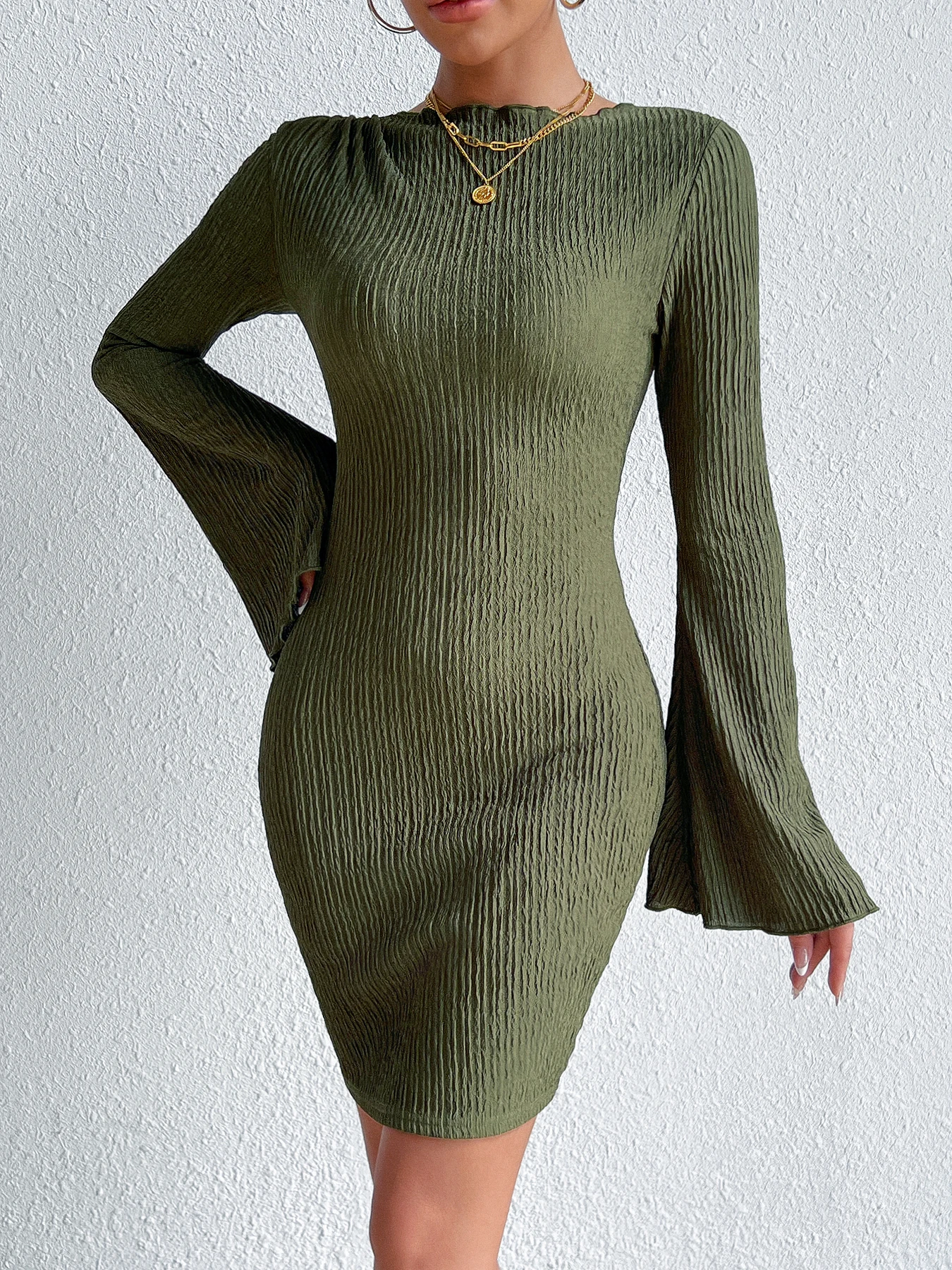 Solid-Textured-Crew-Neck-Dress-Elegant-Long-Sleeve-Dress-For-Spring ...