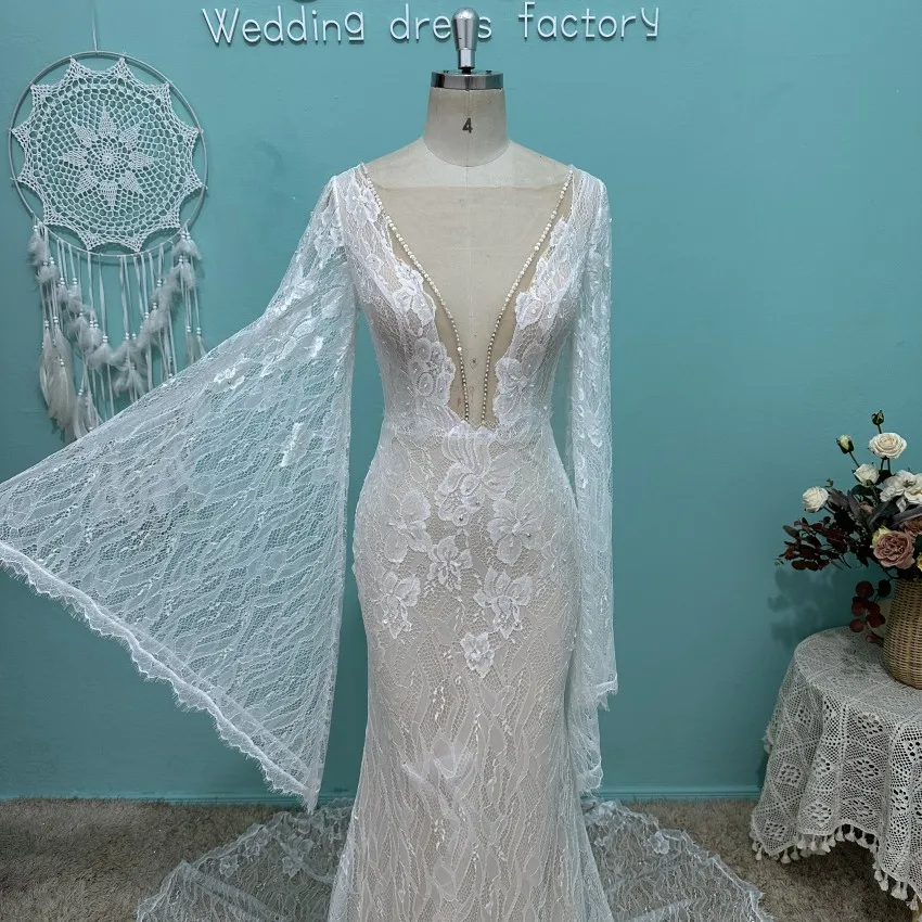 UMK-Luxury-Lace-Flare-Sleeves-Mermaid-Wedding-Dress-2024-Boho-Beach ...