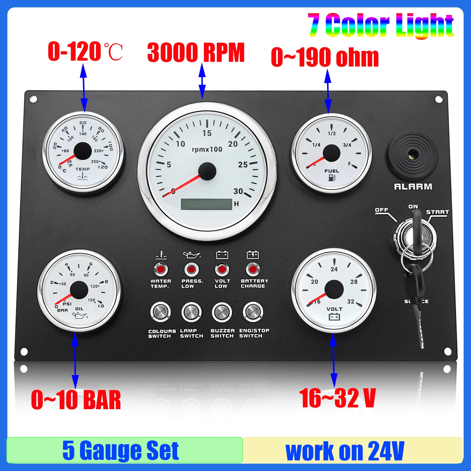 Auto-Car-5-Gauge-Panel-Set-with-Alarm-7-Color-LED-Tachometer-Water-Temp ...