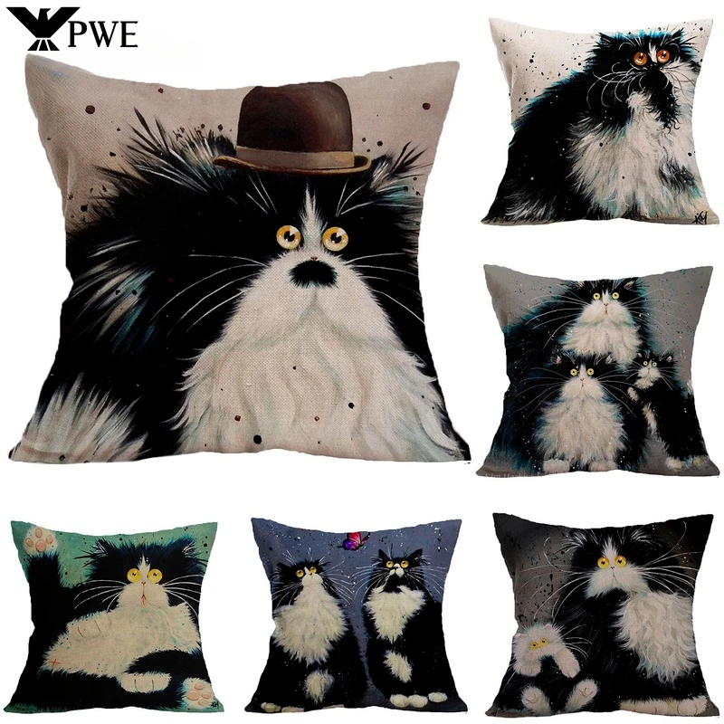 Cartoon-Black-and-White-Cat-Linen-Cushion-Cover-Office-Living-Room-Sofa ...