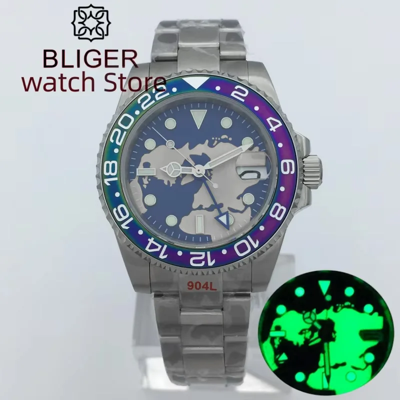 BLIGER 40mm NH34 GMT Mechanical Automatic For Men Diver Watch 100M Blue ...