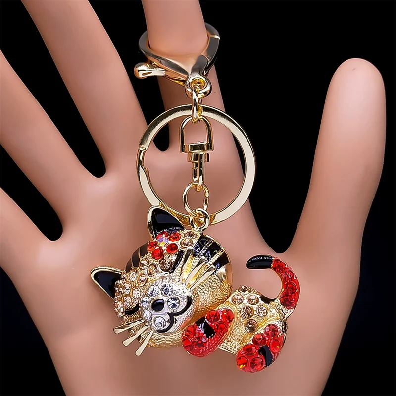 Cute-Cat-Keychain-Rhinestone-Gold-Color-Kitty-Keyring-Holder-Creative ...