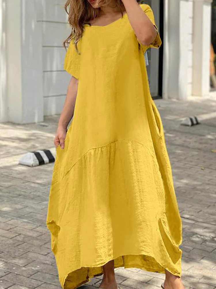 Vestido de lino y algodón para Mujer, prenda holgada de manga corta con cuello redondo, corte ...