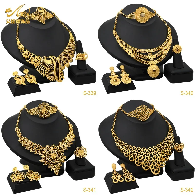24k Gold Plated Arab Bridal Necklace Earrings Ring Bracelet Indian ...