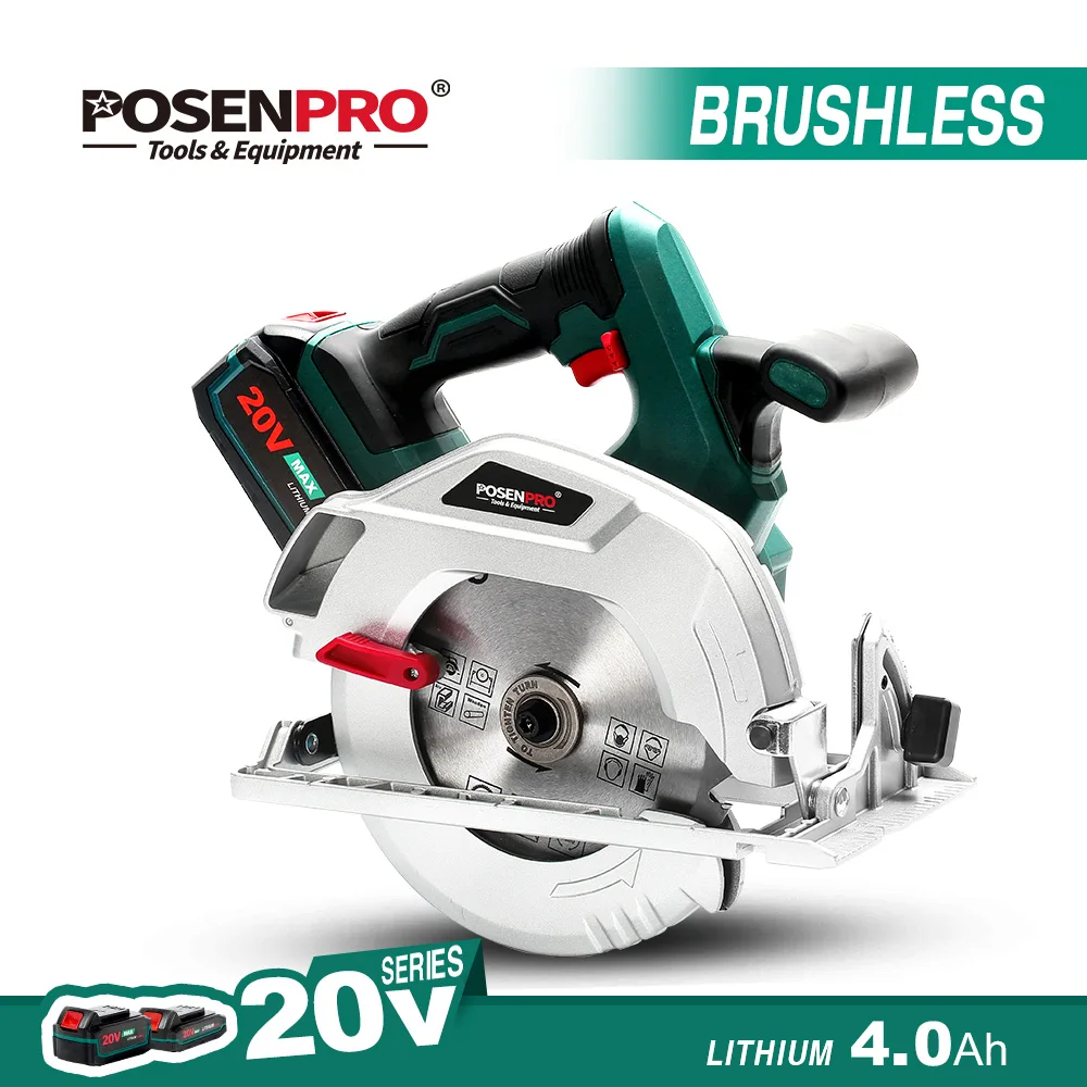 POSENPRO 브러시리스 원형톱 20V 4.0Ah 배터리 무선 전기 톱, 조절 가능한 절단 깊이 및 각도 목공 도구|전기 톱 ...