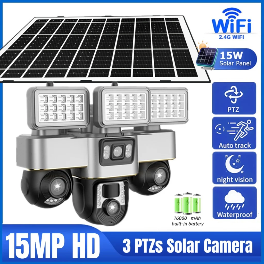 15MP Solar Camera Triple Lens PTZ Camera 2-Way Audio Outdoor Waterproof ...