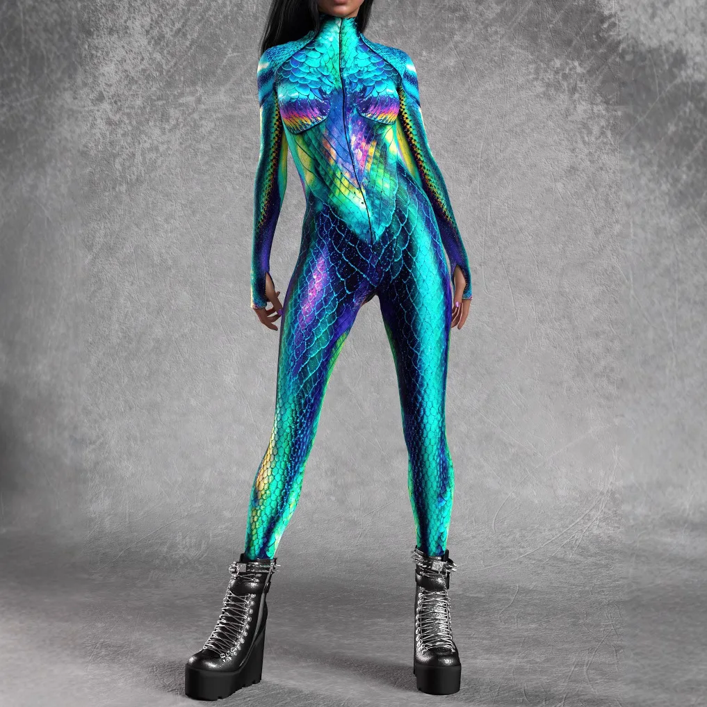 3D Fish Scale Print Mermaid Jumpsuit Party Cosplay Costume Halloween ...