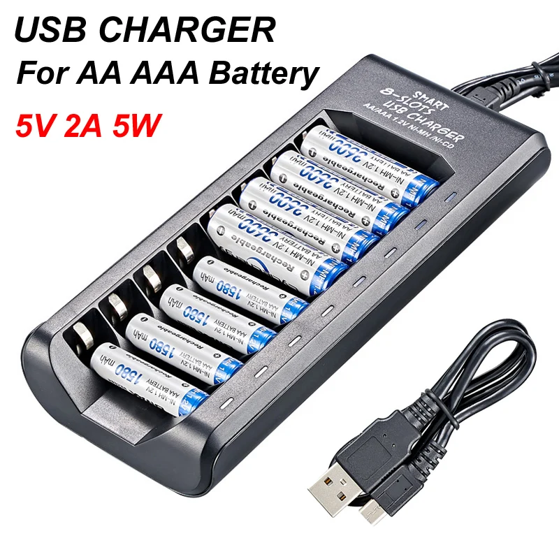 8 Slots Smart Electric USB Charger DC 5V 2A For 1.2V AA/AAA Ni-MH/Ni-Cd ...