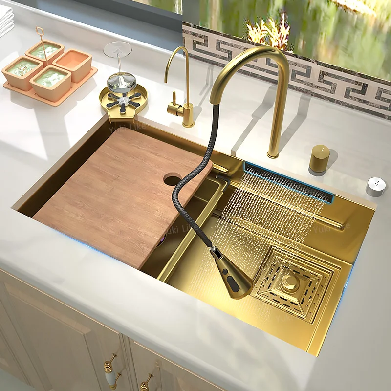 Fregadero-de-cascada-dorado-de-acero-inoxidable-fregadero-de-cocina-de ...