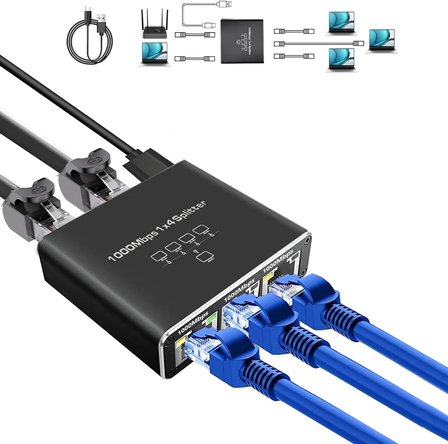 Gigabit Ethernet Splitter 1 to 2/3/4 Network Cable Connector for PC TV ...