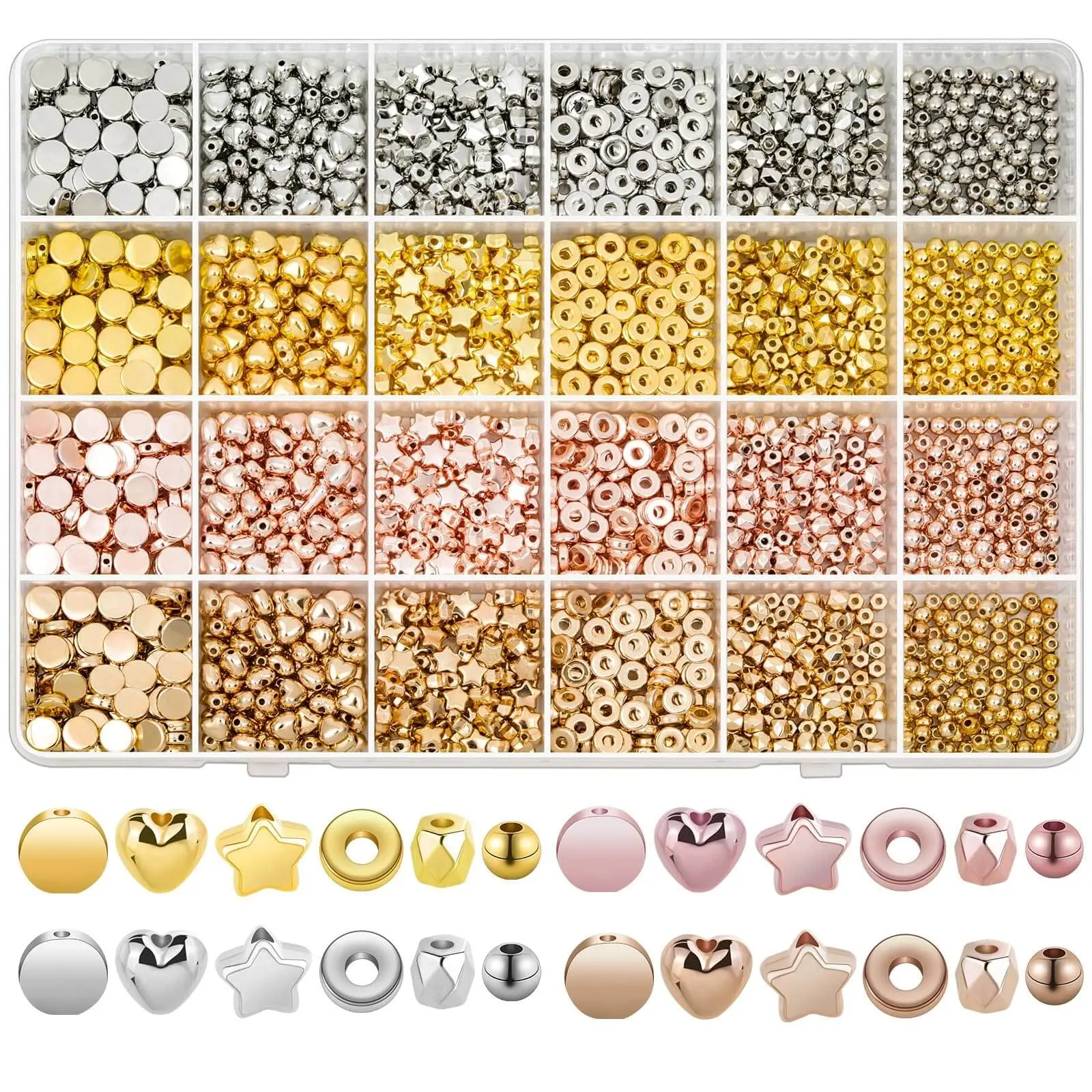1800pcs CCB Plated Gold Spacer Beads Set Round Heart Beads Charm Kit ...