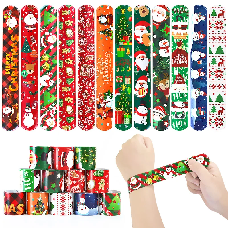 12Pcs-Christmas-Slap-Bracelets-Santa-Claus-Snowman-Xmas-Tree-PVC ...