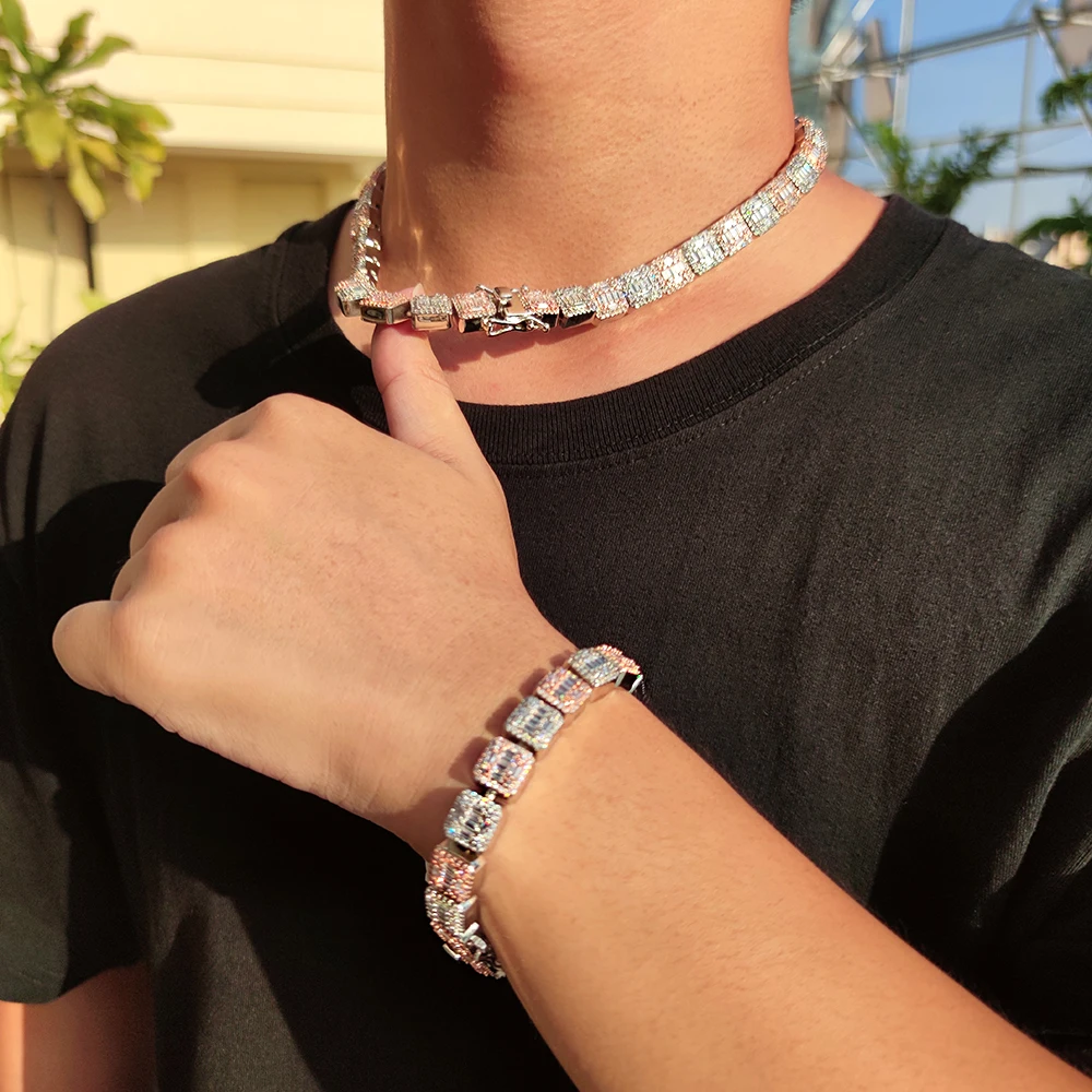 10mm Double Color Iced Rectangle Diamond CZ Men Chains Square Cuban Link Choker Necklace Hiphop Jewelry AliExpress
