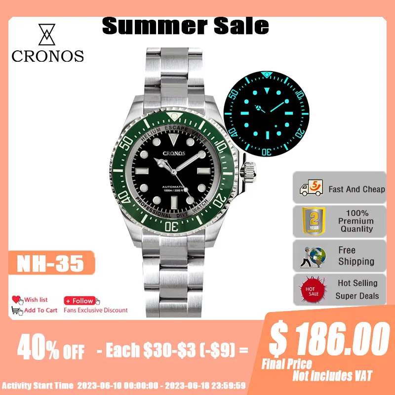 Cronos Automatic Diving Watch Stainless Steel 2000 Meters Water ...