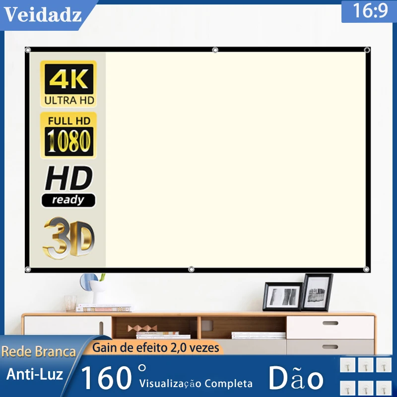 Veidadz Tela de projeção de 60 72 84 100 120 130 polegadas tela de ...