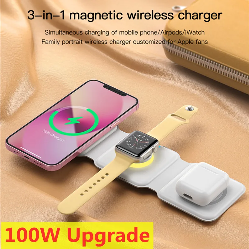 100W 3 em 1 Carregador Magnético Sem Fio Pad Suporte para iPhone 14 13 12 Pro Max Airpods iWatch ...