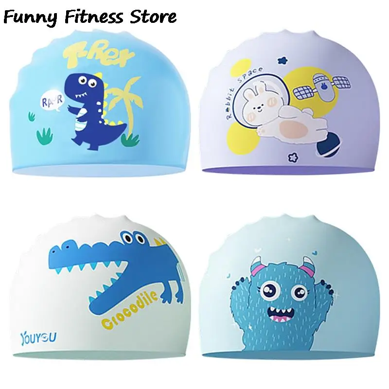 Cartoon-Animals-Bathing-Hats-Boys-Girls-Waterproof-Silicone-Diving-Caps ...