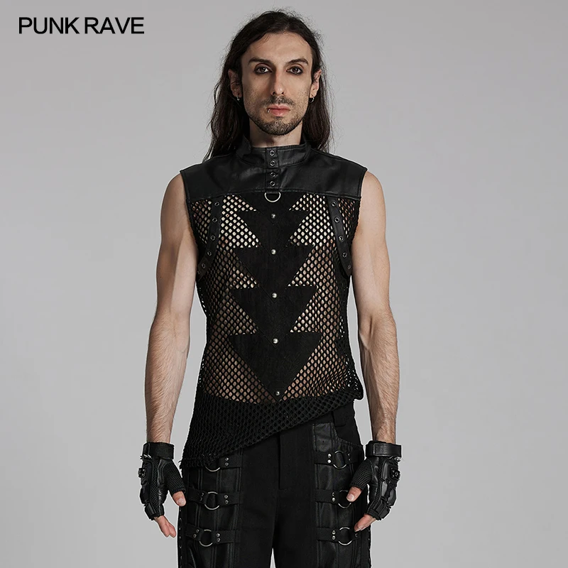 PUNK RAVE Men's Punk Personalized T-shirt Triangular Pieces Splicing ...
