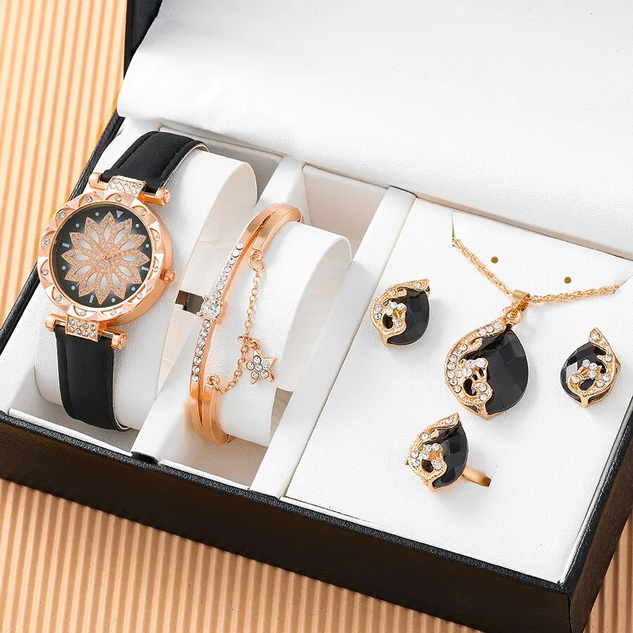6pc Women Quartz Watch Jewelry Set Business Fashion Casual Round ...