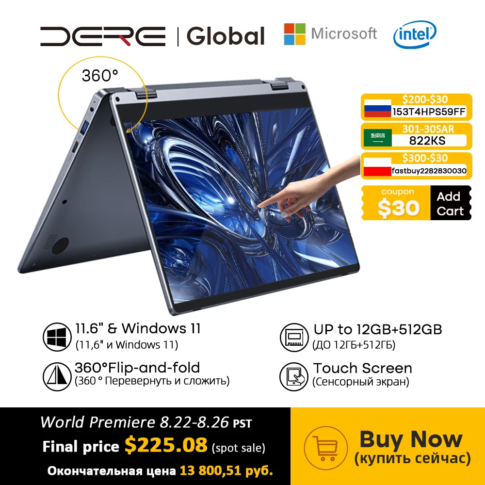 Dere Laptop V10 11.6" 8GB RAM 256GB SSD Touch Screen Laptop 360° Flip ...