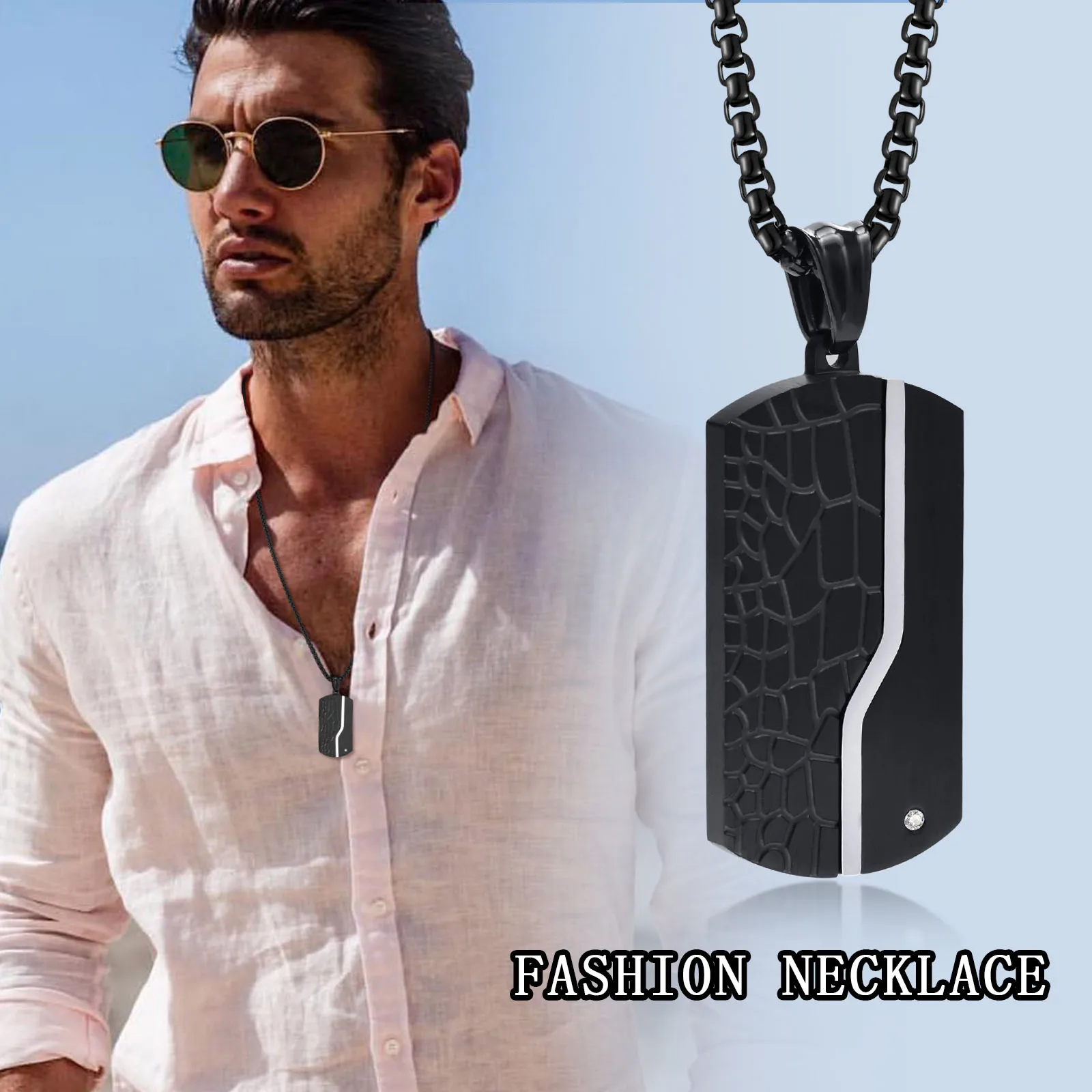 Necklace-For-Men-Stainless-Steel-Zircon-Inlay-Geometric-Pendant-Black ...