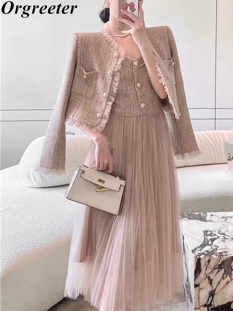 High Quality Tweed 2 Piece Dress Sets Women Outfits Vintage Short ...