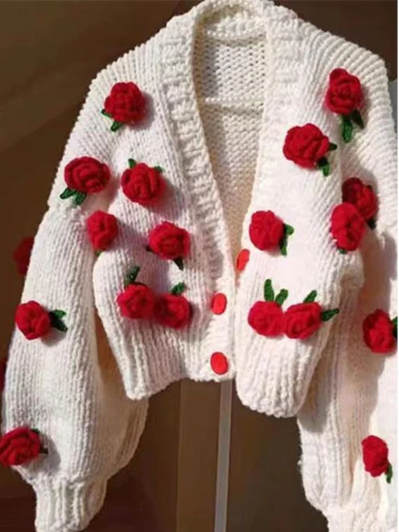 High-End-Sweet-New-Year-Sweater-Red-Rose-Long-Sleeve-Knitted-Cardigan ...