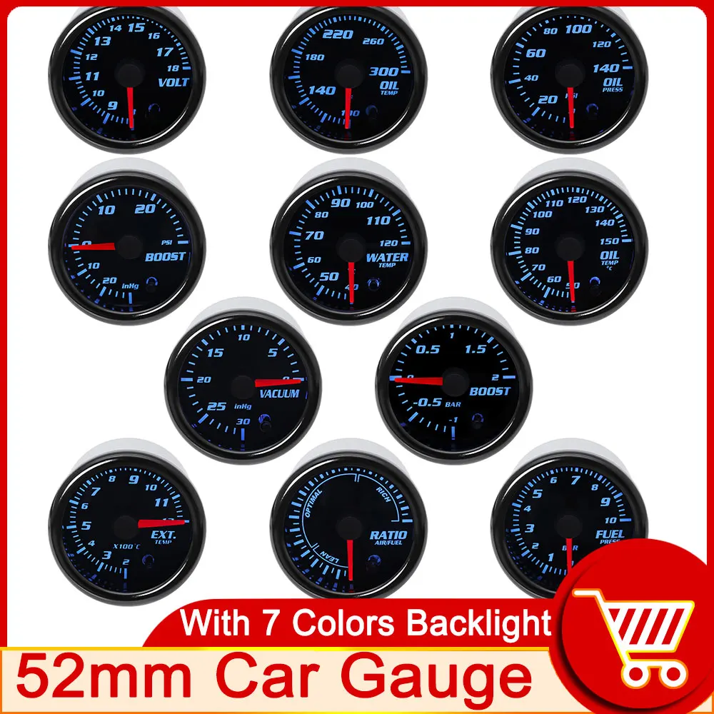 HD 52mm 7 Colors Boost Gauge Water Temp/Oil Temp/Oil Pressure/Voltmeter ...