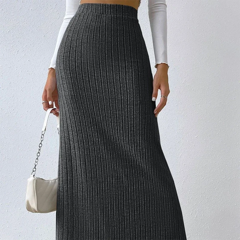 Solid-Color-Long-Skirt-Striped-High-Waist-Knitted-Maxi-Skirt-for-Women ...