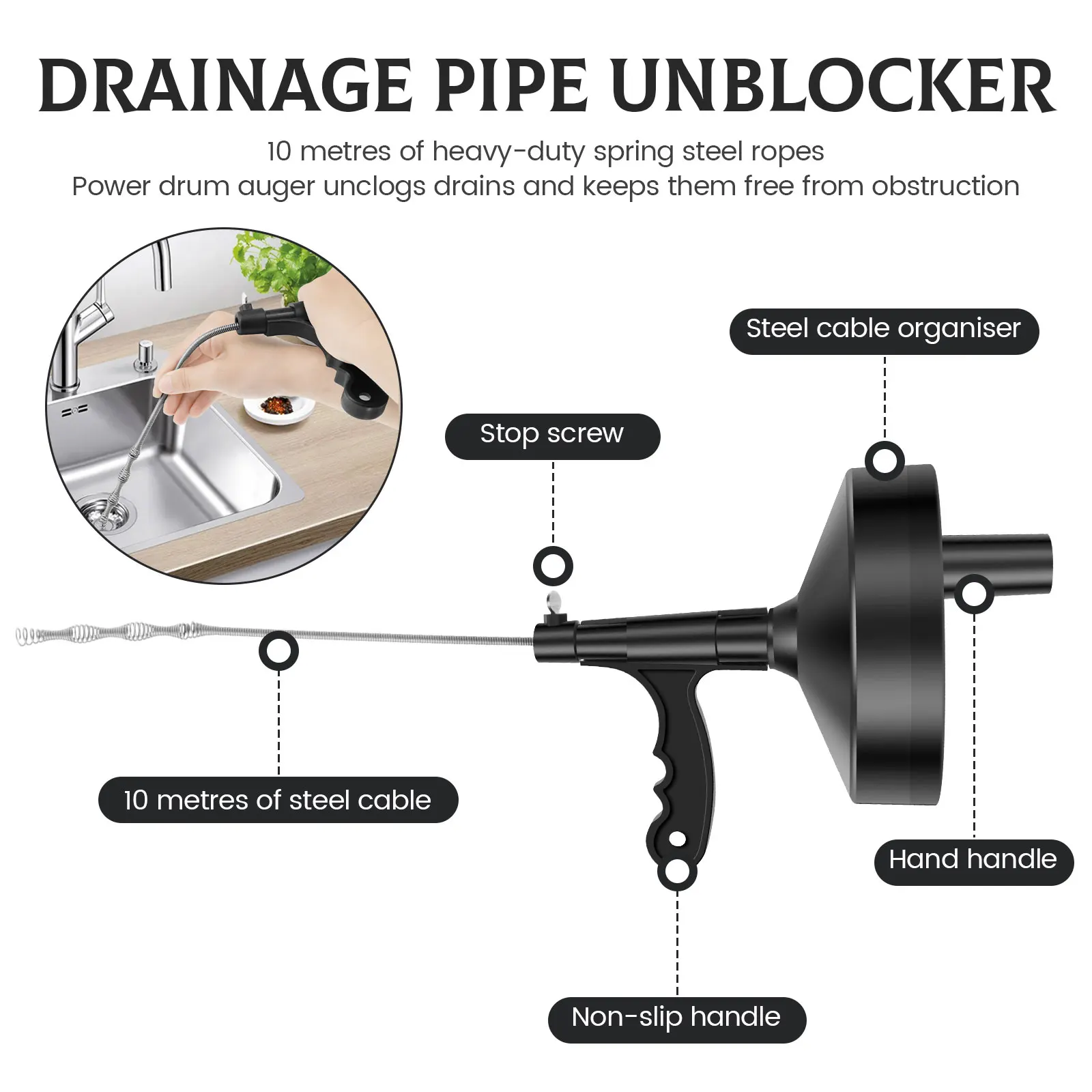 Drain Snake Drain Auger Cable Snake - 3 Meter Flexible Plumbing Clog ...