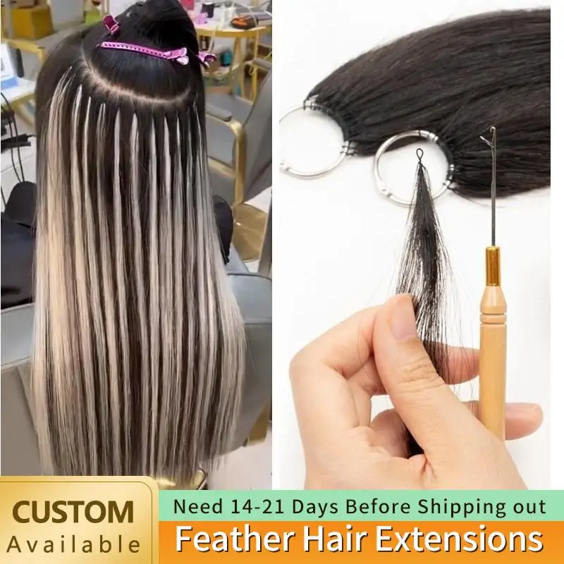 Micro-Feather-Hair-Extensions-Natural-Human-Hair-Straight-Hand-Knitting ...