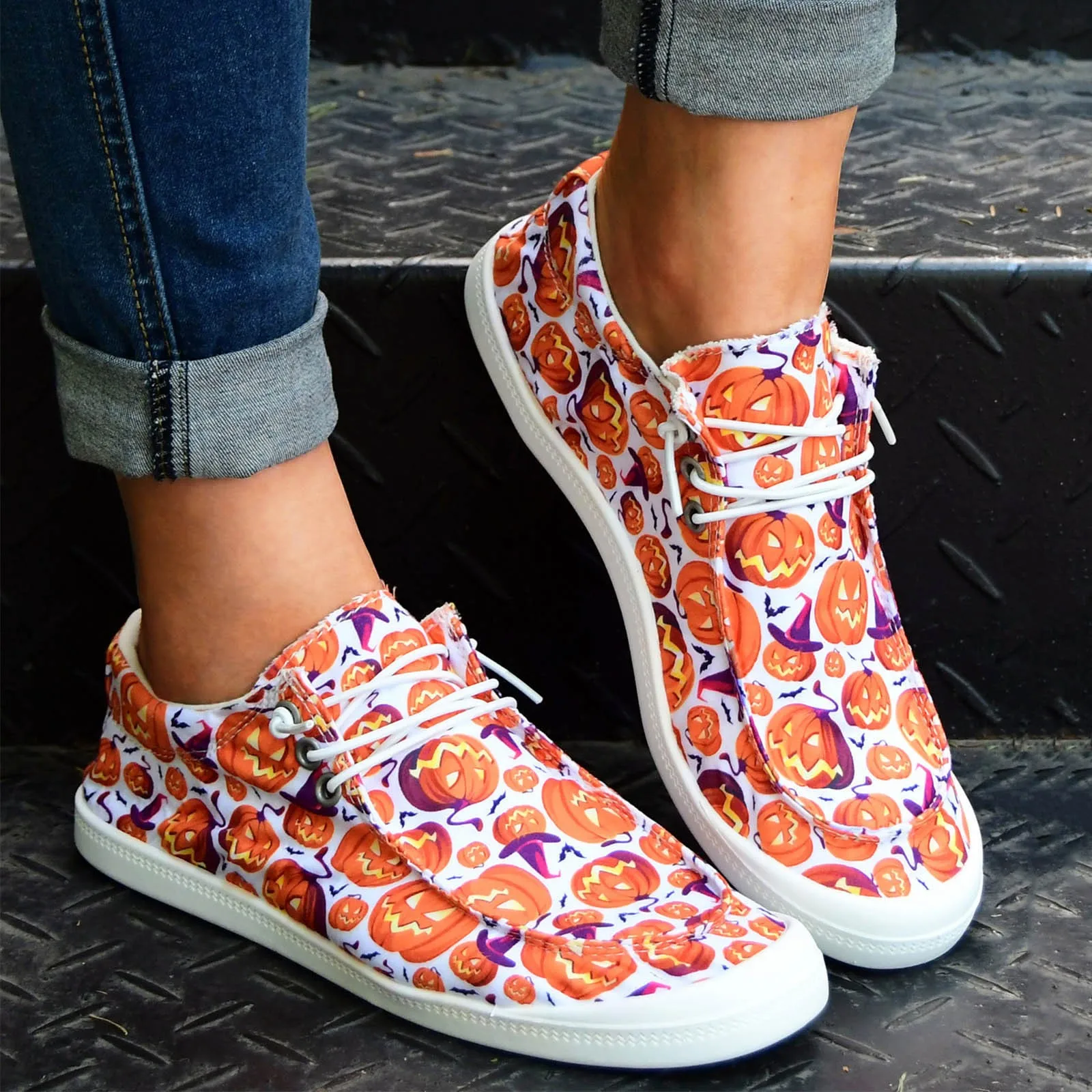 Women-s-Pumpkin-Novelty-Shoes-Lace-Up-Low-Top-Slip-on-Flat-Comfy-Shoes ...