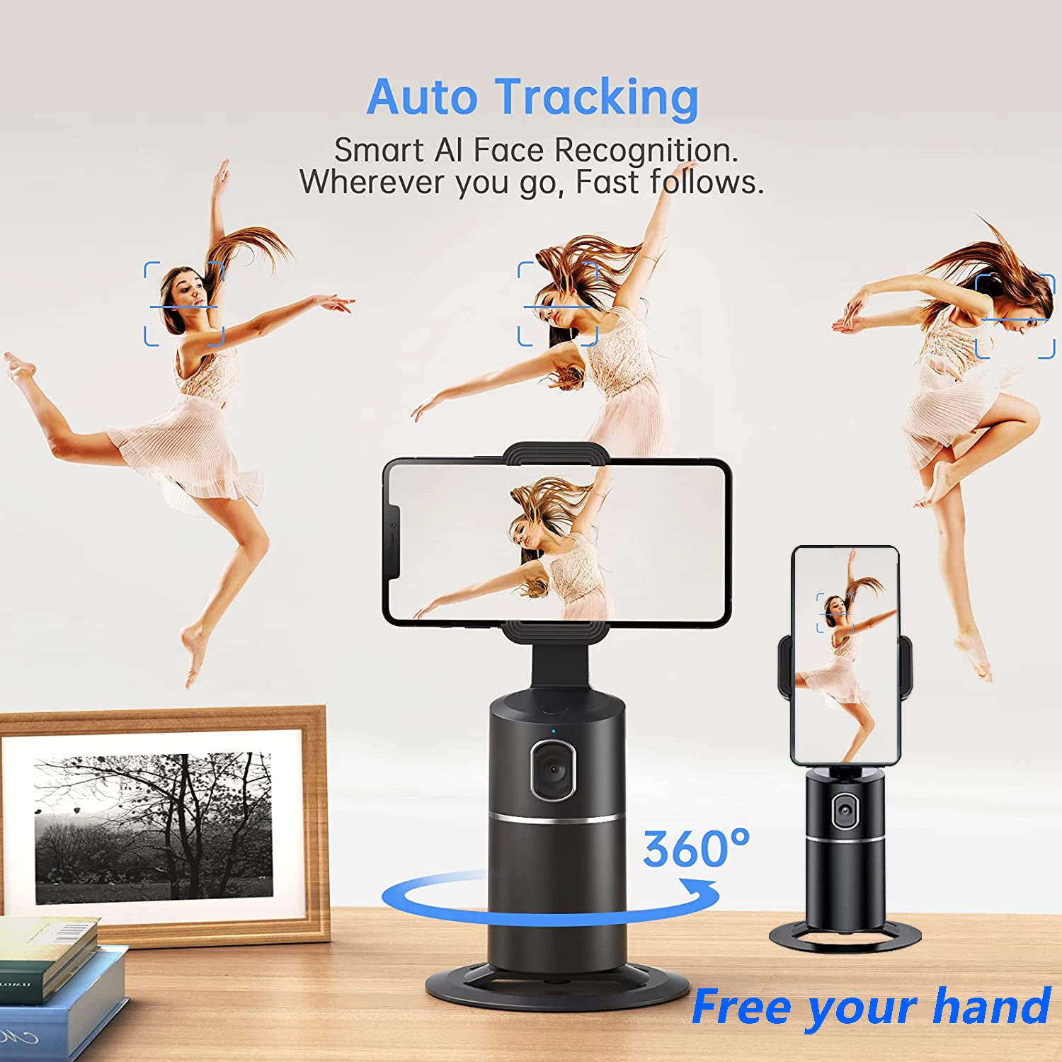 Auto Face Tracking Phone selfie stick Smart 360°rotation holder AI Follow Up video Vlog Live ...