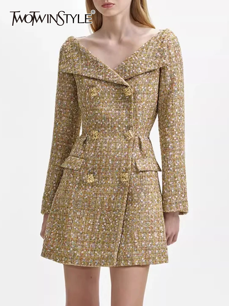 TWOTWINSTYLE-Solid-Tweed-Patchwork-Double-Breasted-Elegant-Dresses-For ...