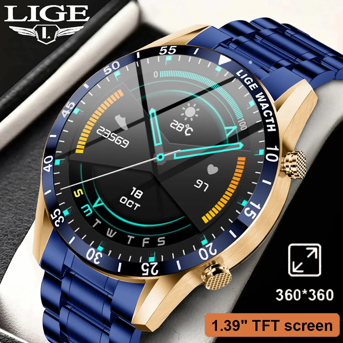 LIGE Men Smart Watch Luxury Full Circle Touch Screen Bluetooth Call ...