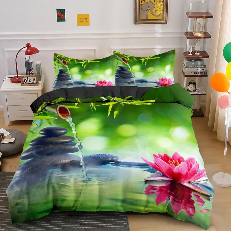 Zen-Stone-Green-Bamboo-Duvet-Cover-Set-Nature-Water-Print-Bedding-Set ...