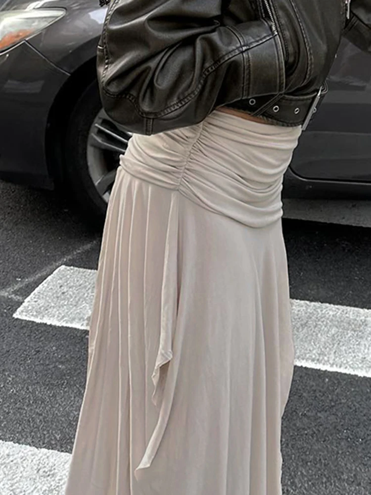 Weekeep Drawstring Split Loose Long Skirt Casual Folds Low Rise Midi ...