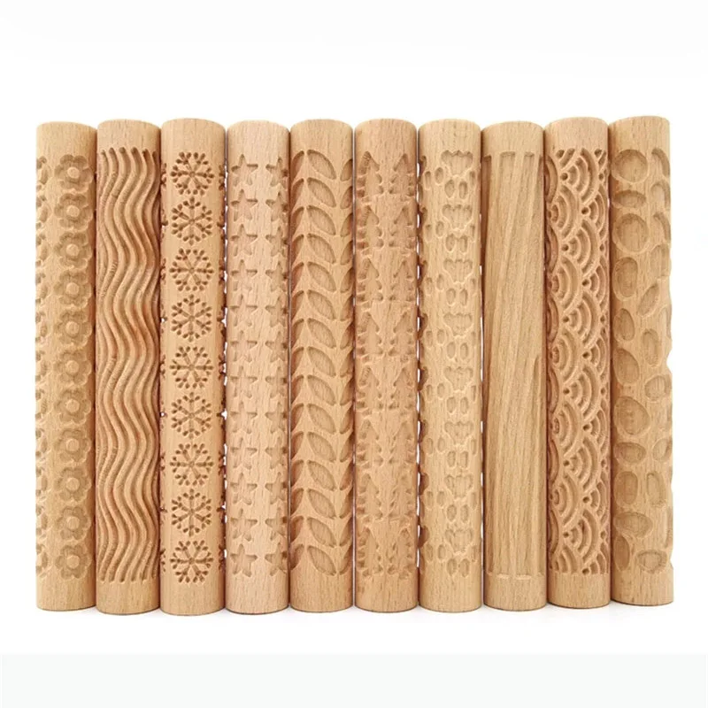 Wooden Texture Rolling Pin Ceramic Pottery Art Embossed Rod Flower ...