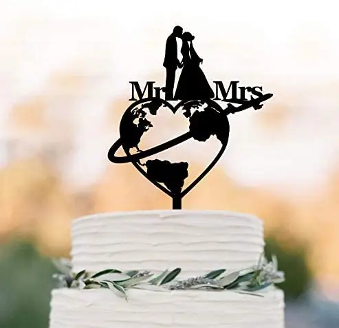 Topper de pastel de boda con temática de viaje, mapa del mundo, silueta ...