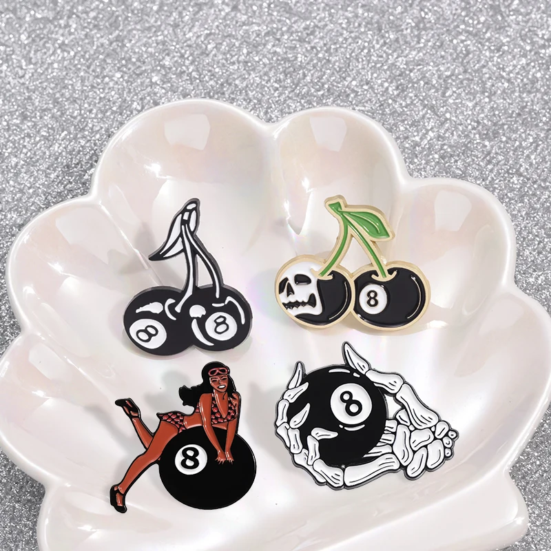 Eight-Ball-Cherry-Enamel-Pins-Funny-Billiards-8-Girl-Skull-Hand ...