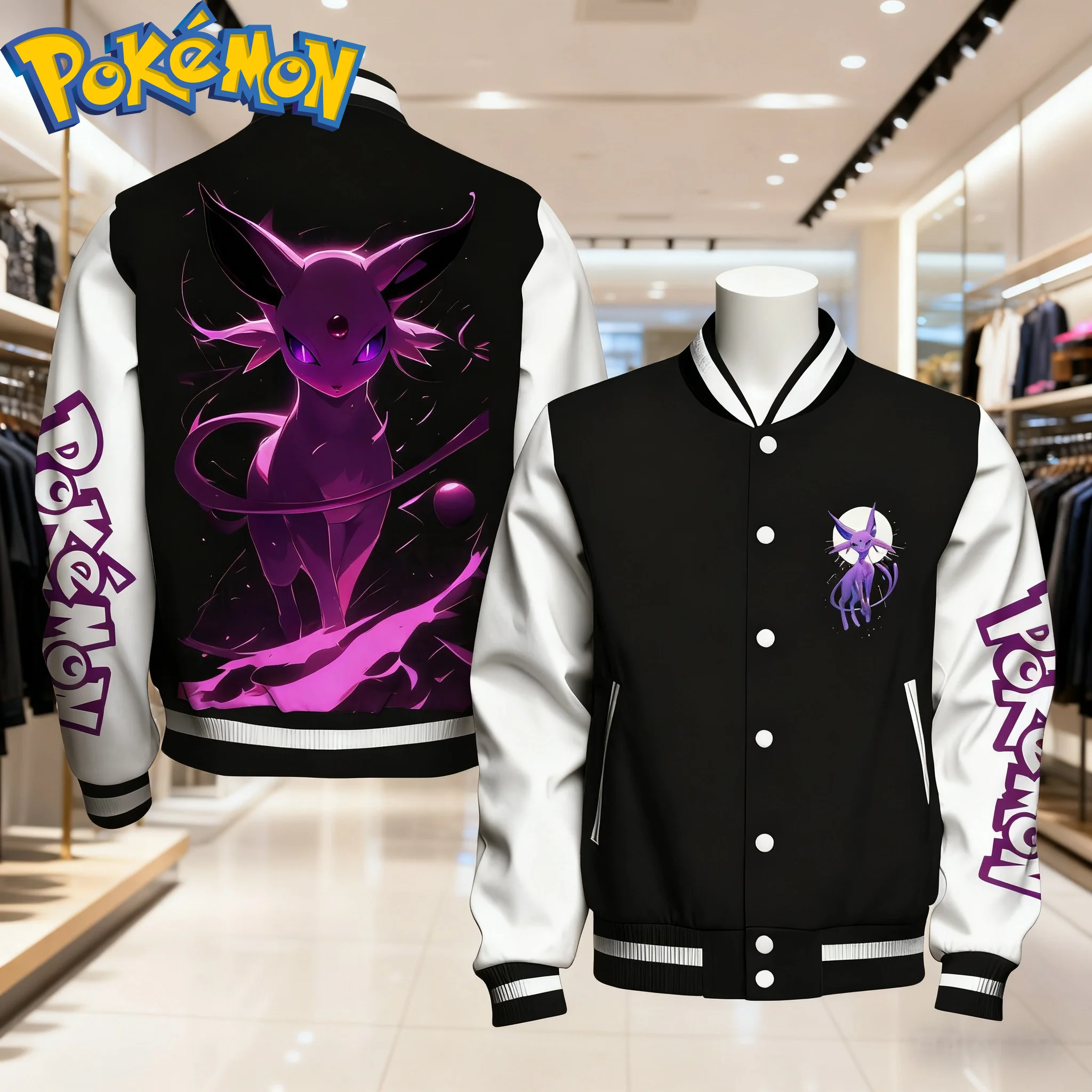 Pokemon Baseball Jacket Black Body White Sleeves Purple Espeon Back ...