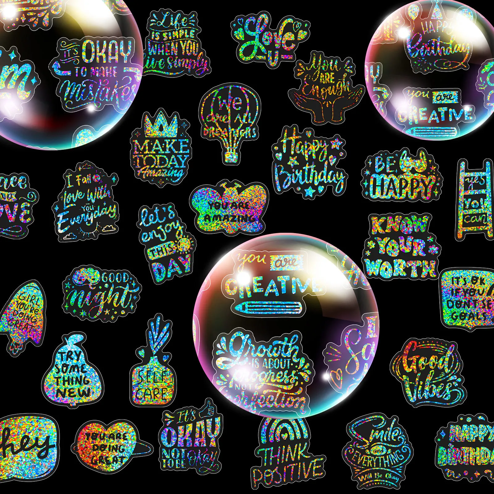 50PCS-Creative-Transparent-Positive-Words-Decals-Inspirational-Glitter ...
