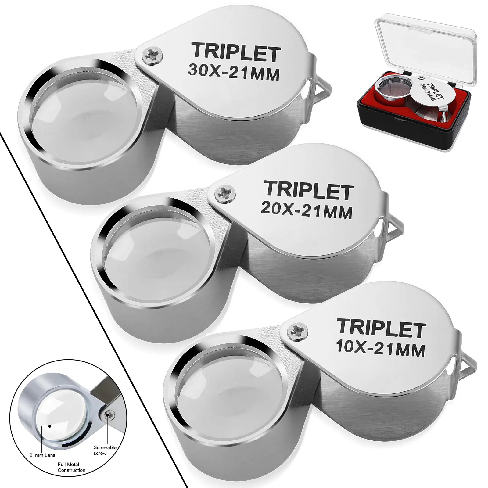 10X 20X 30X Jewelers Loupe Pocket Magnifying Glass Folding Jewelry ...