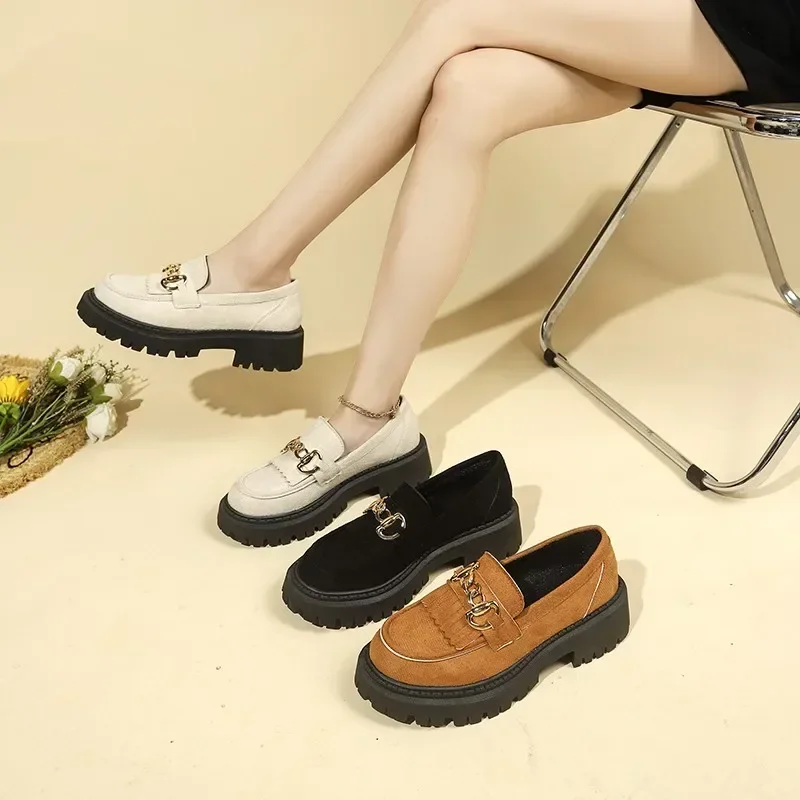 Mocasines-gruesos-de-cuero-de-vaca-para-mujer-zapatos-planos-con-plataforma-punta-redonda-cadena ...