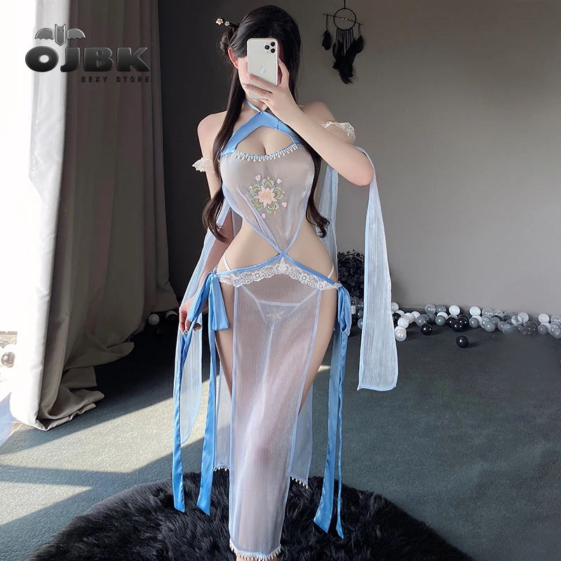OJBK Sexy Cosplay Costume Erotic Dresses See through Outfit For Women Elegant Blue Chinese ...