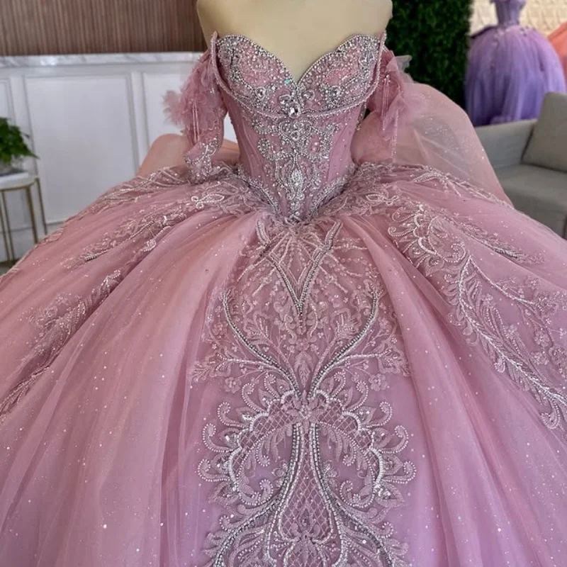 Customized Shiny Pink Quinceanera Dresses Off the Shoulder Tull crystal ...
