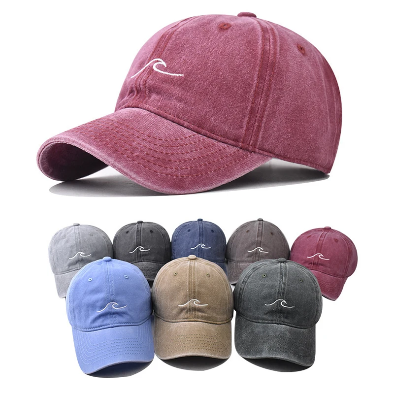 Washed Cotton Baseball Cap Solid Color Wave Embroidery Washed Hip Hop ...