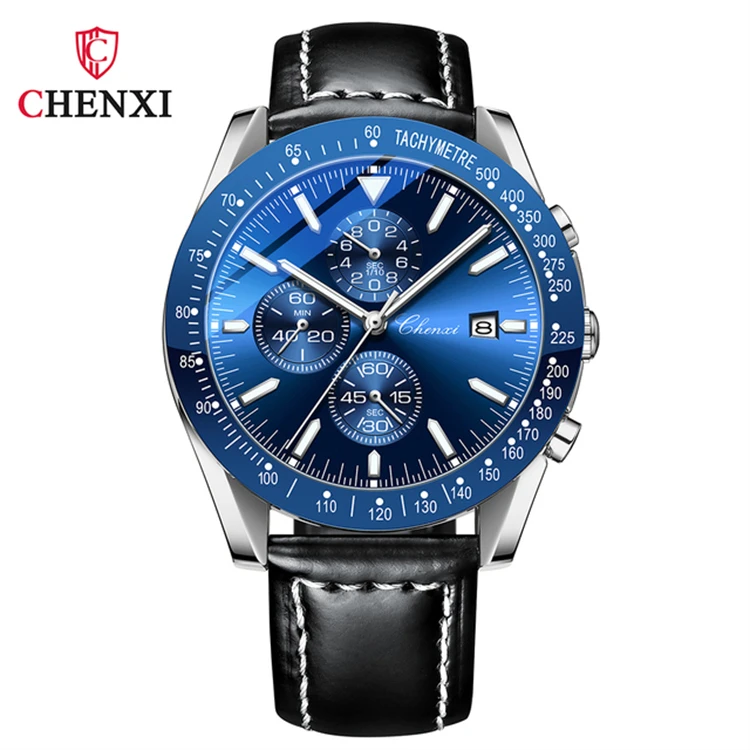 CHENXI 960 Novos Homens Relógio De Luxo Pulseira De Couro Preto Big Dial Quartz Chronograph ...