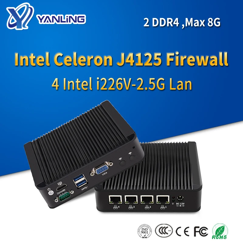 Yanling Fanless Mini Pc J4125 Quad Core Mini Firewalls Router 4 Intel ...