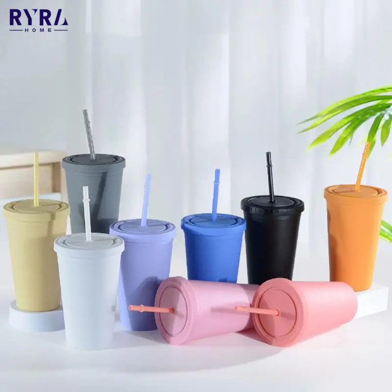 450ML Double Walled Plastic Straw Mugs Coffee Cup Reusable Water ...